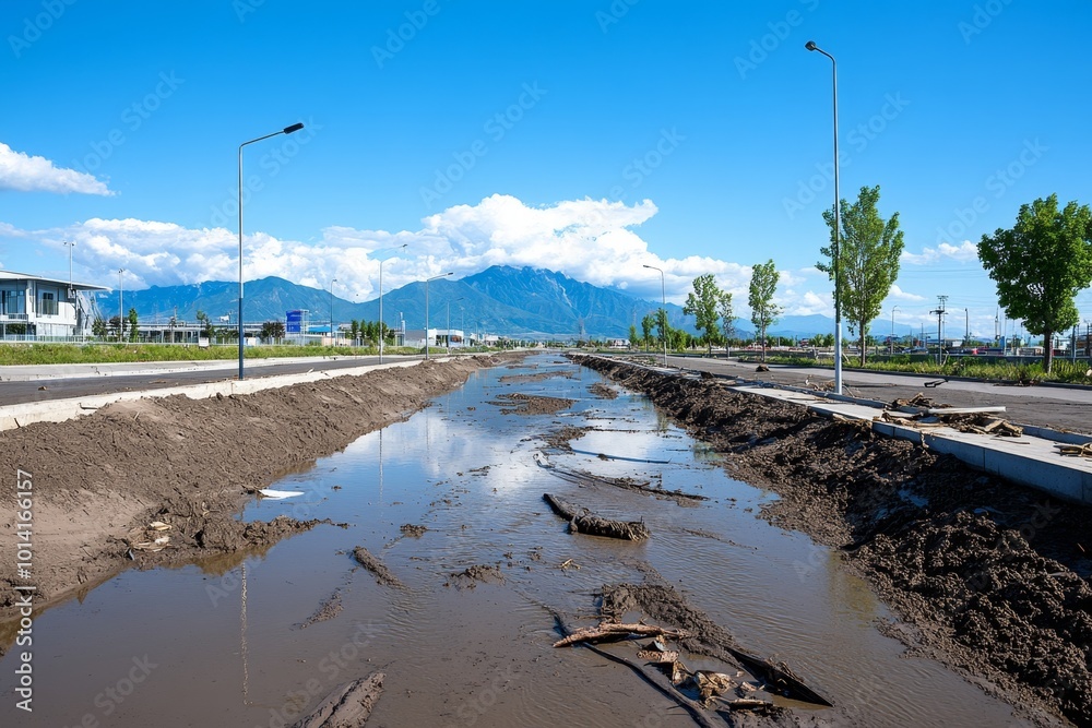 Realistic flood landscape after heavy rainfall, with rivers overflowing ...