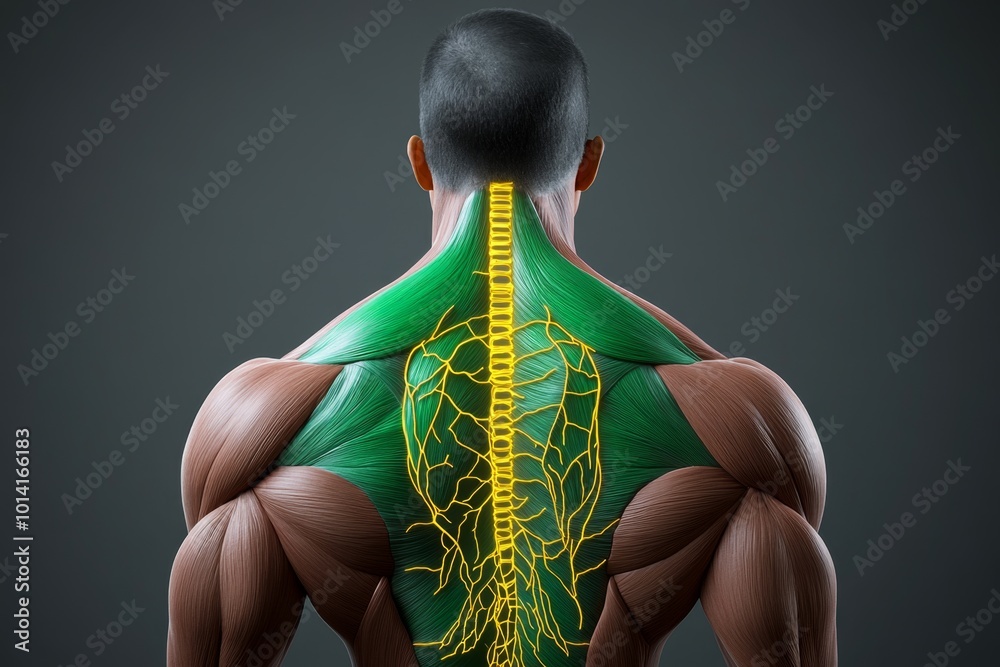 Realistic human back muscles, showing the intricate layers of the ...