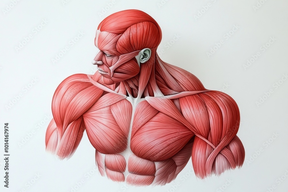 Watercolor painting of human muscles, with soft, flowing lines and ...