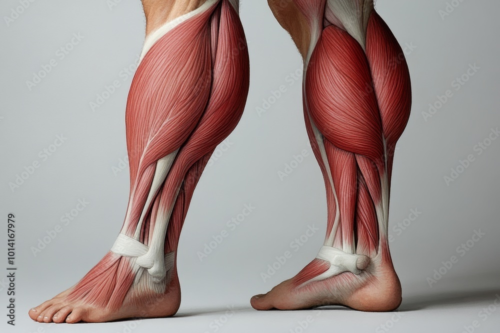 Watercolor painting of leg muscles, with soft textures showing the ...