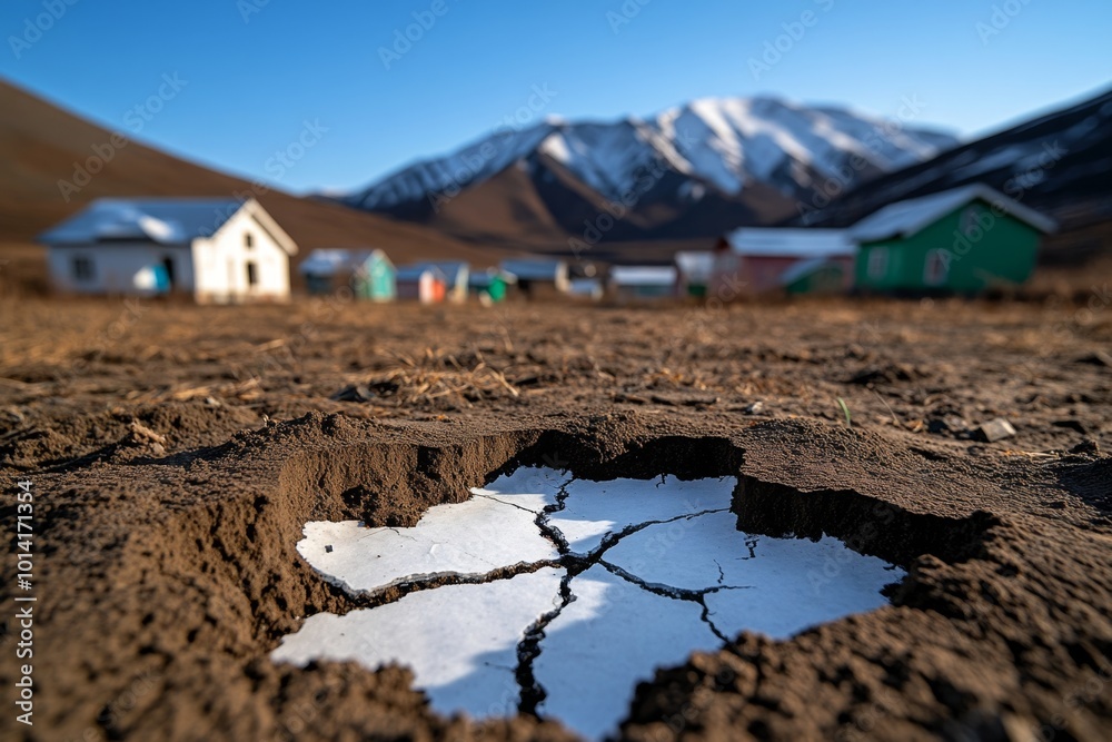 Melting permafrost causing buildings to sink in a rural village, with ...