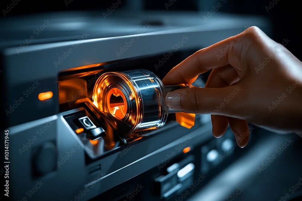 Person inserting a VHS tape into a VCR, with realistic details of the ...