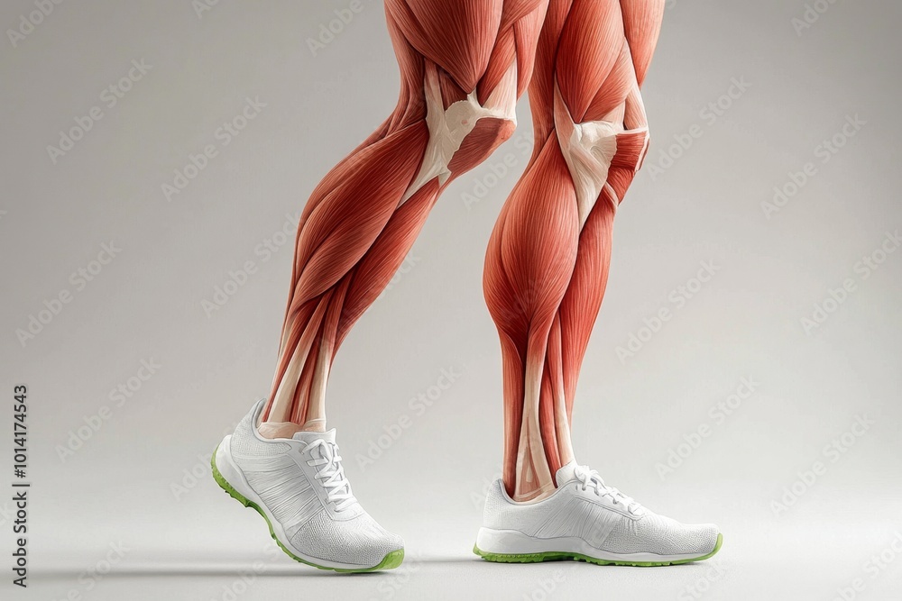 Watercolor painting of leg muscles, with soft textures showing the ...