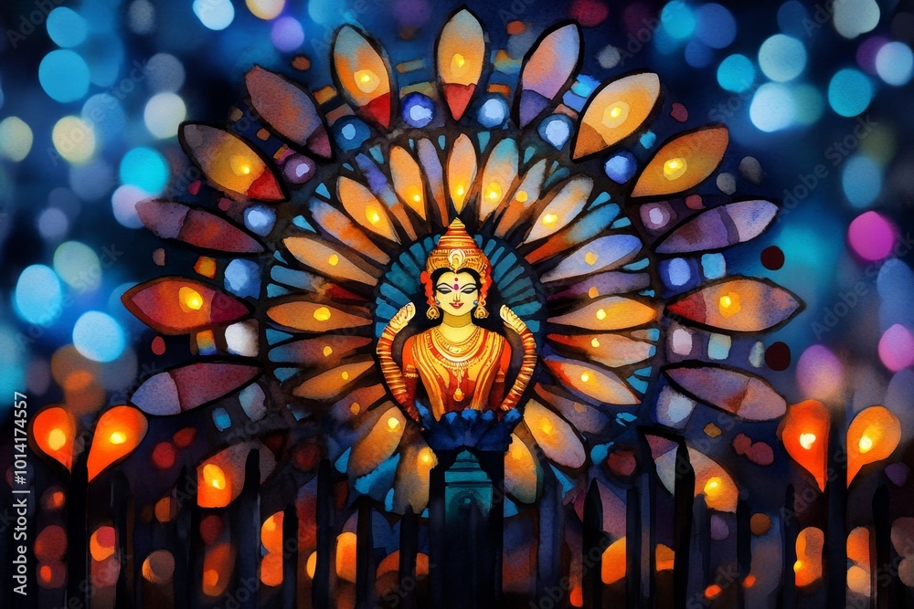 Watercolor painting of the Durga Puja pandal, with soft brushstrokes ...