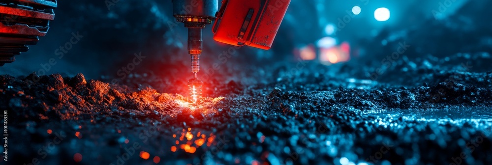 A close-up shot of a high-tech mining robot drilling with precision ...