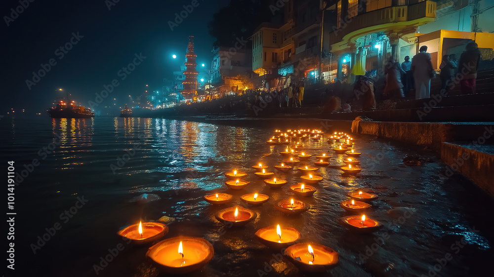 Dev Deepawali Celebration at Varanasi Ghats with Lit Candles Under the ...