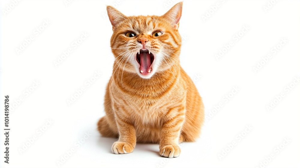 Feisty ginger tabby cat with mouth wide open in a loud meow or hiss ...