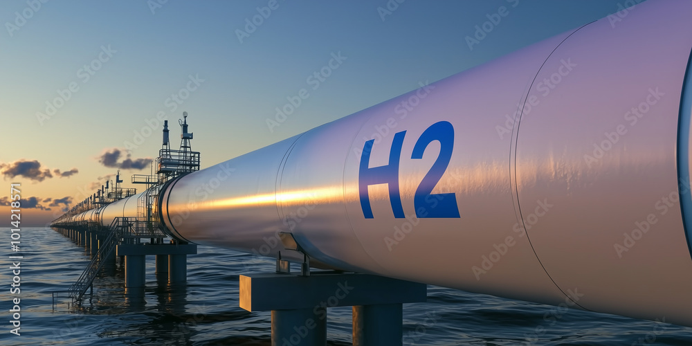 Foto de Massive hydrogen pipelines with H2 labels in a large-scale industrial facility, showing ...