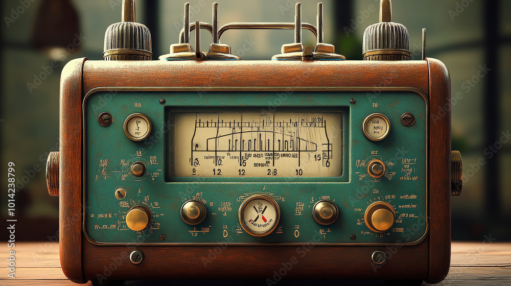 A vintage shortwave radio with multiple dials and a tuning screen ...