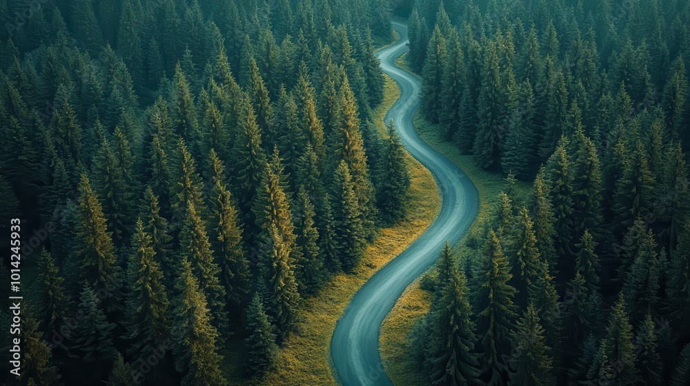 drone perspective of a symmetrical alignment of pine trees framing a ...