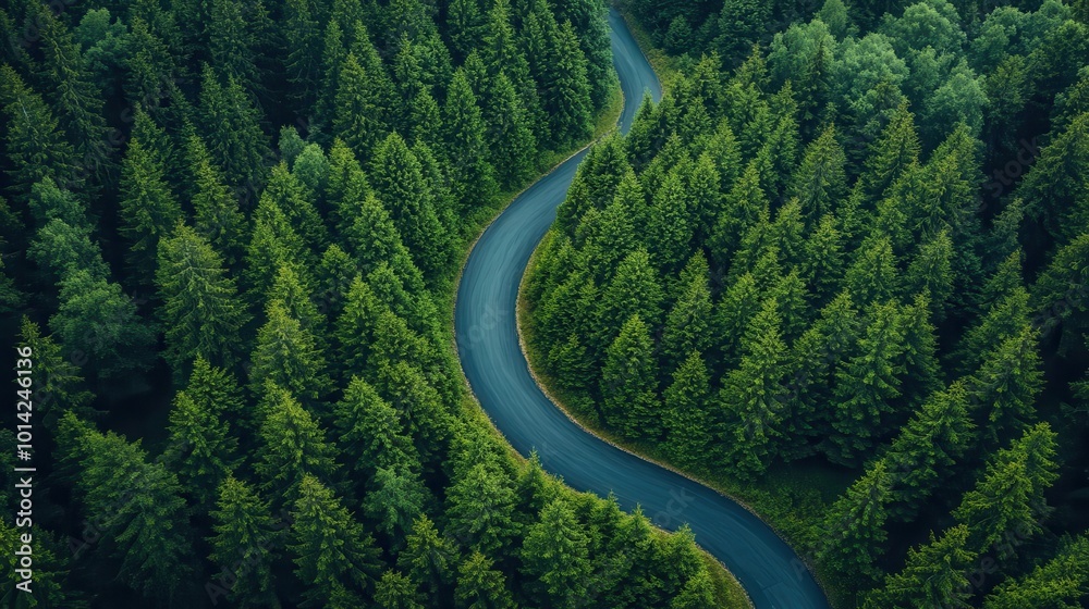 drone perspective of a symmetrical alignment of pine trees framing a ...