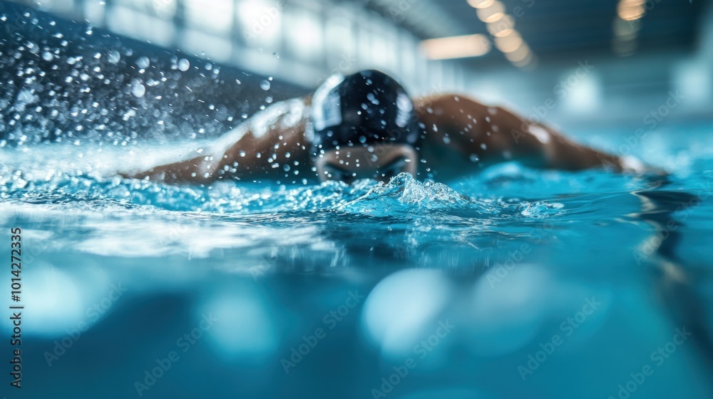 A swimmer in a black swim cap races through a pool of blue water ...