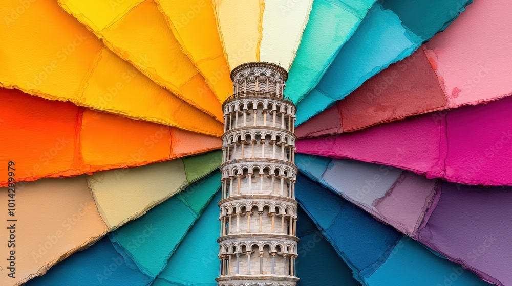 Leaning Tower of Pisa Watercolor Painting Rainbow Background Italian ...