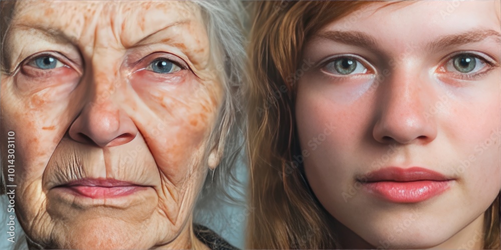 Aging process concept featuring a split face of an older and younger ...