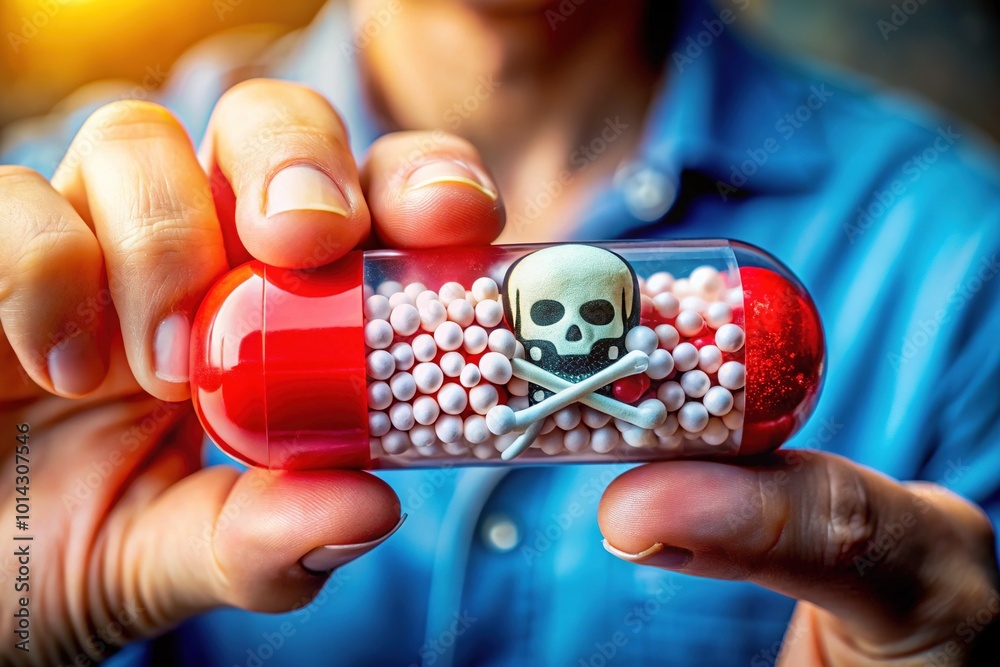 Unrecognizable Individual Holding Drug Capsule with Skull and ...