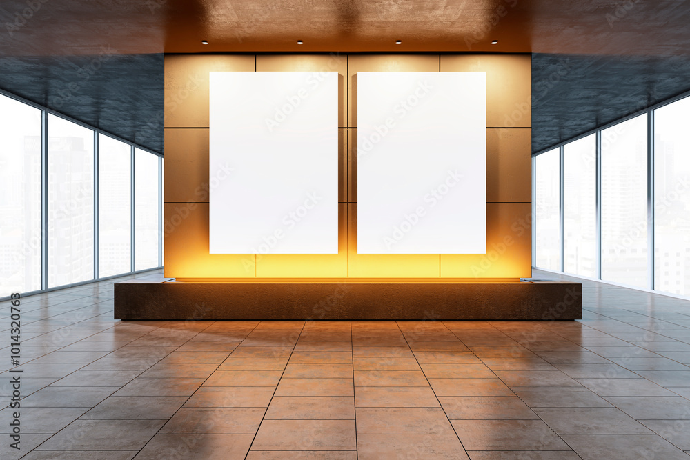 ภาพประกอบสต็อก Modern exhibition room with two blank vertical posters ...
