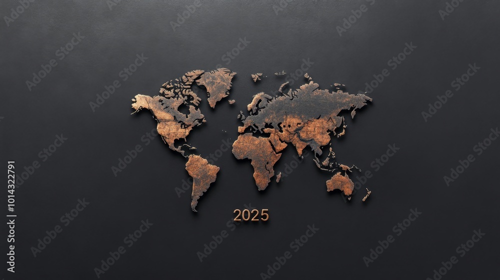 Wooden World Map with Metallic Texture on Dark Background Highlighting ...