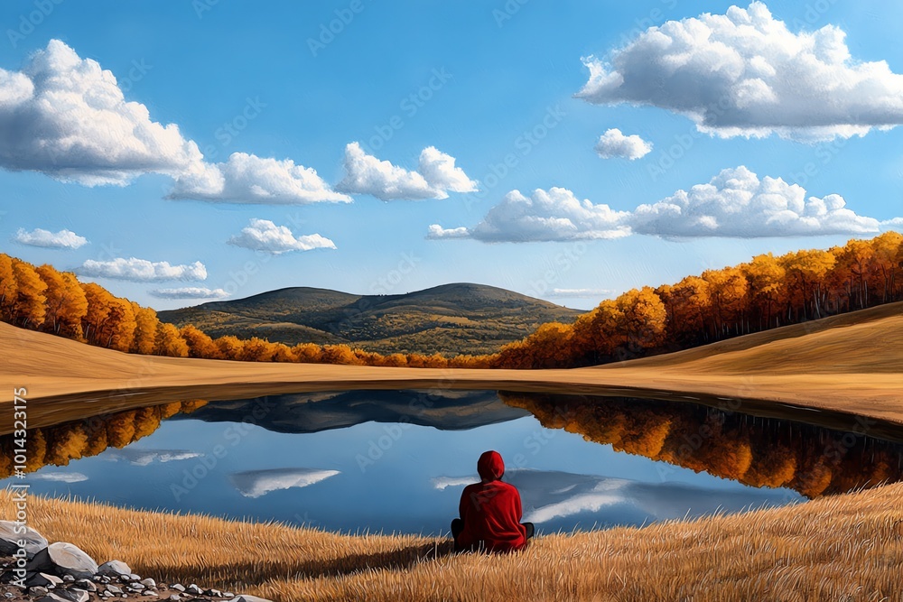 Watercolor scene of a person sitting by a lake, lost in thought, with ...