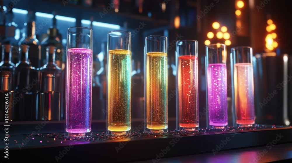 Futuristic test tube shooters with neon-colored liquids, each shot ...