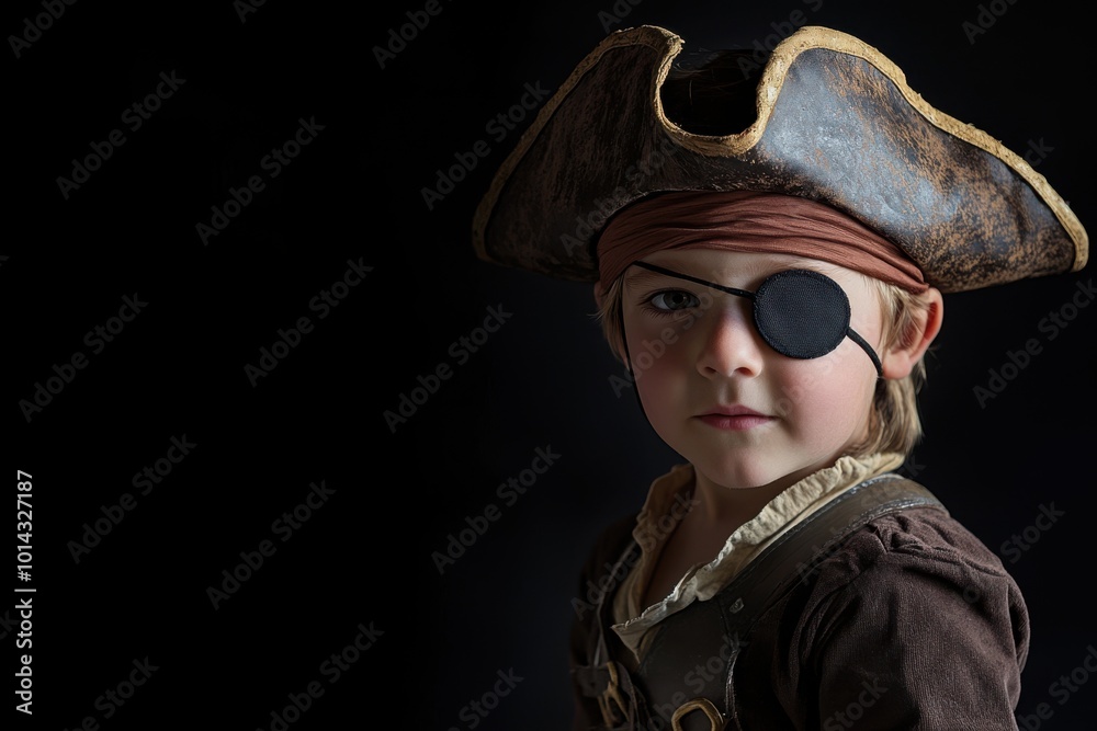 Full body shot of a young Caucasian boy with pirate costume, wearing an ...