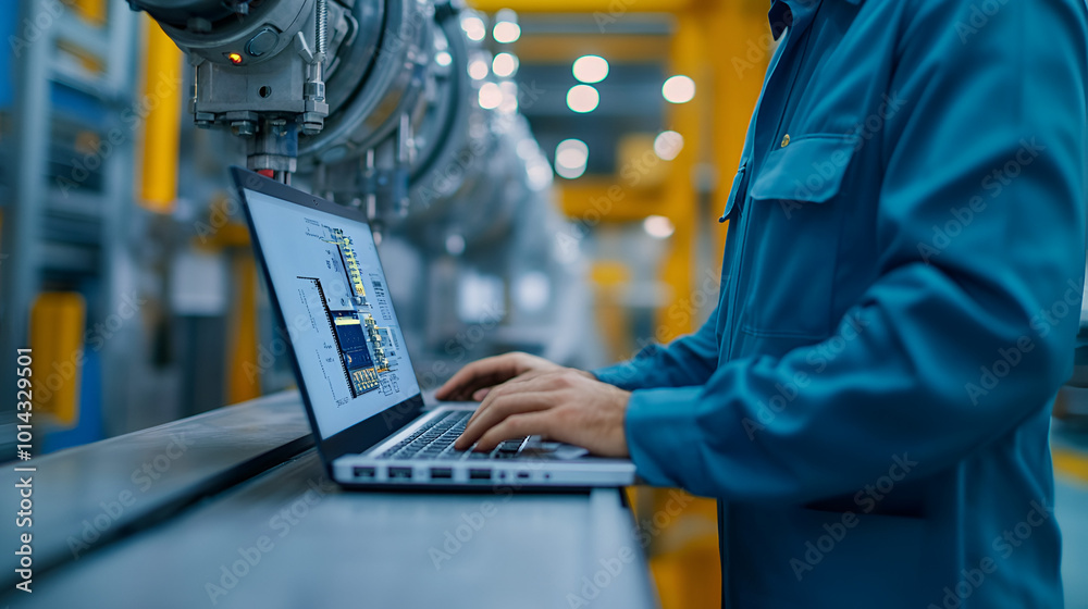 Professional worker of modern factory using laptop controlling program ...