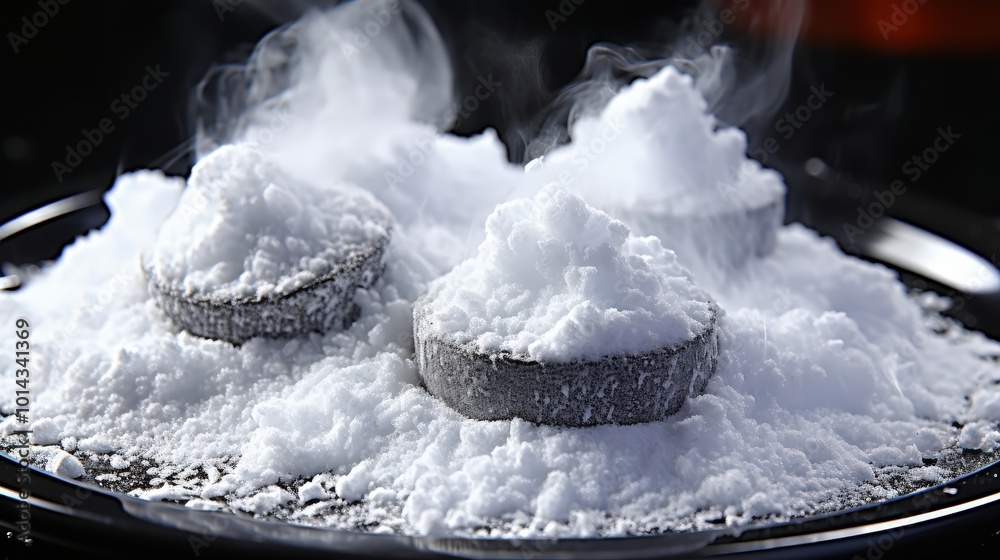 Dry ice sublimation on a black surface, creating a frosty, ethereal ...