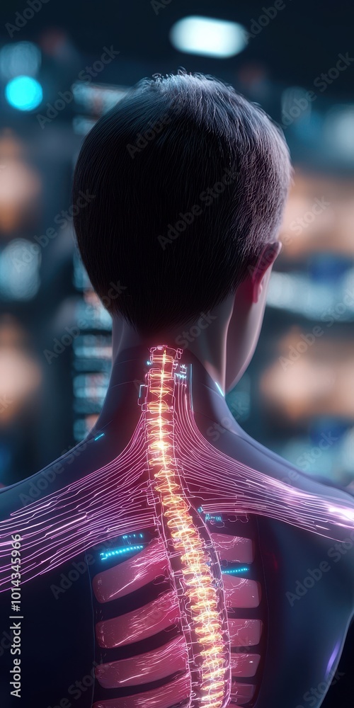 Detailed view of a human spine with glowing nerve pathways, back view ...