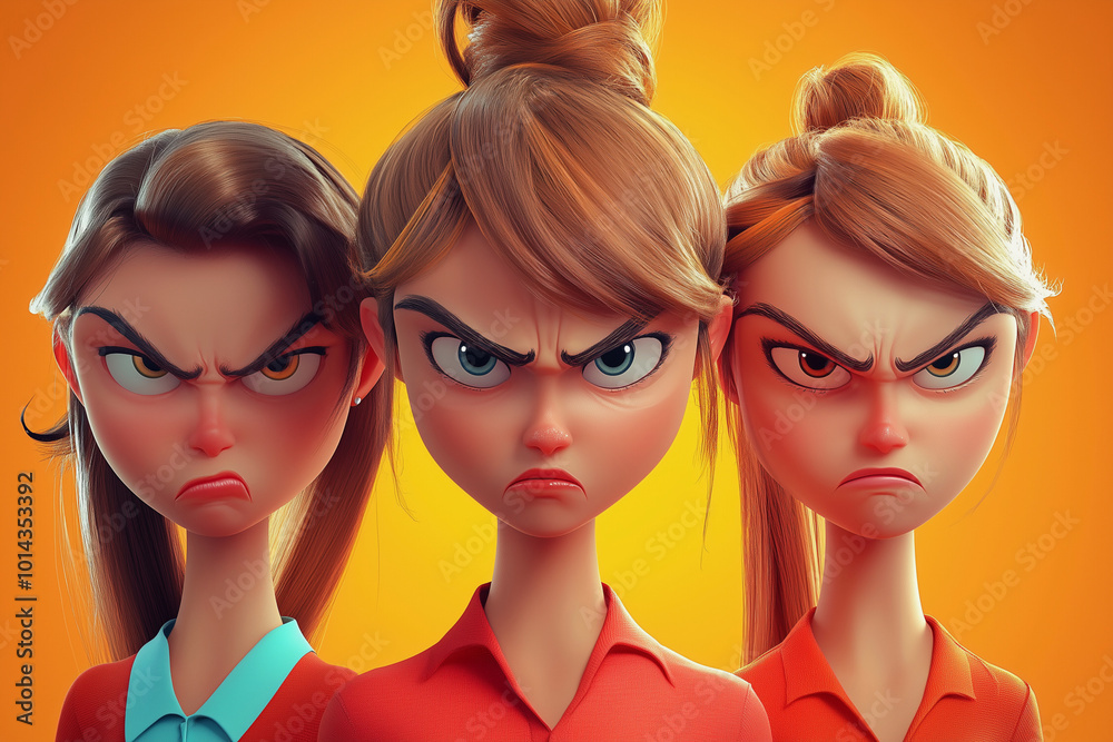 Three cartoon girls are shown with angry faces and red hair. They are ...