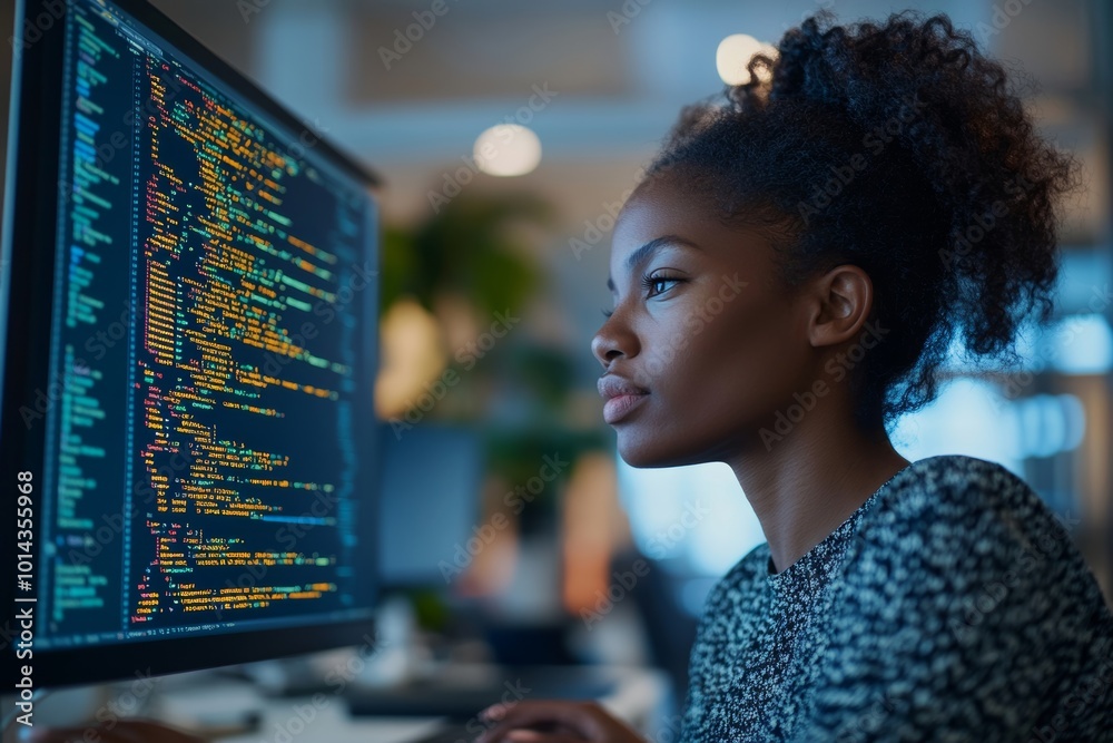 Cropped shot of female African American software developer coding scripts while typing on ...