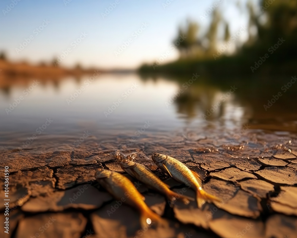 Dying fish in a driedup riverbed, visualizing the environmental impact ...