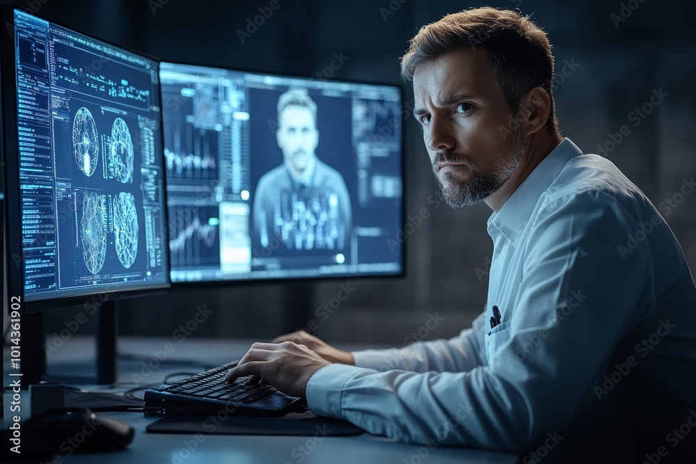 Closeup of male detective using computer at workplace and reading ...