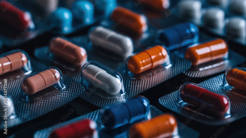 Colorful capsules and tablets are arranged closely together on blister ...