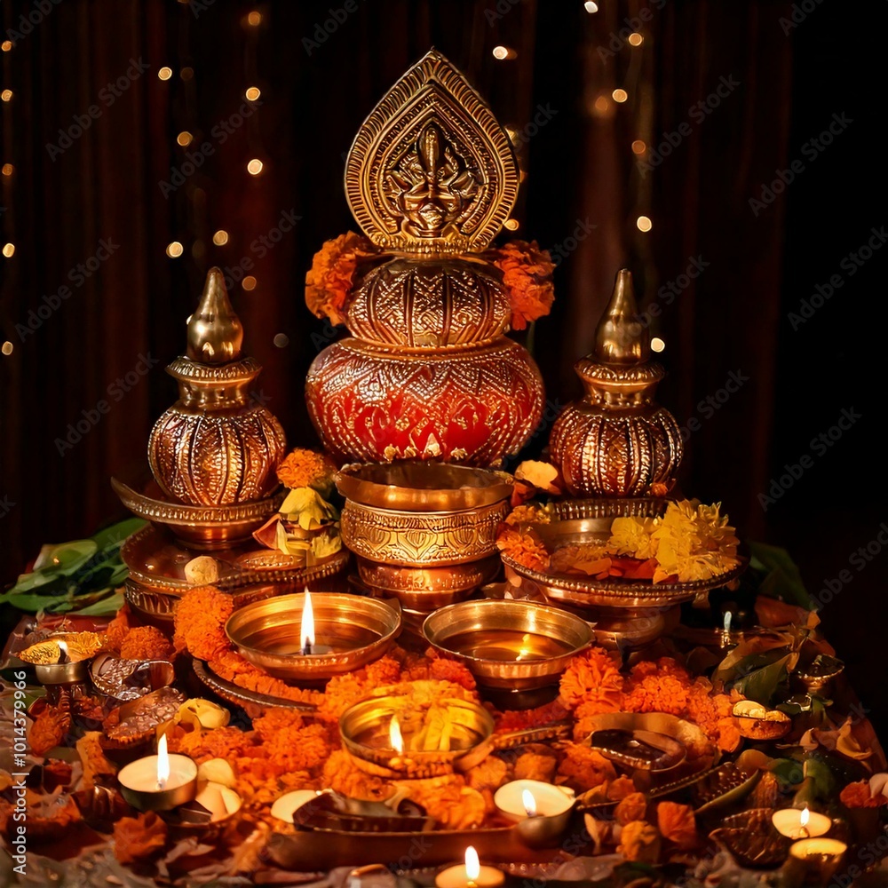 Artistic depiction of a Diwali puja setup with traditional oil lamps ...