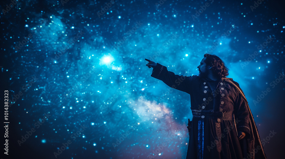 Columbus Pointing at a Starry Night Sky, Navigating by the Stars with ...