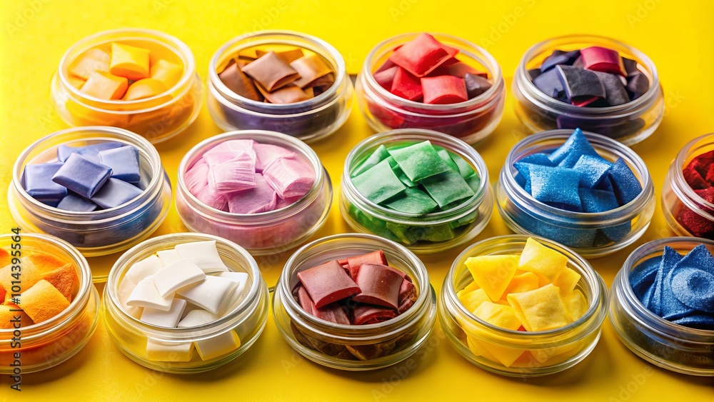Bright yellow background highlights colorful snus sachets in jars ...