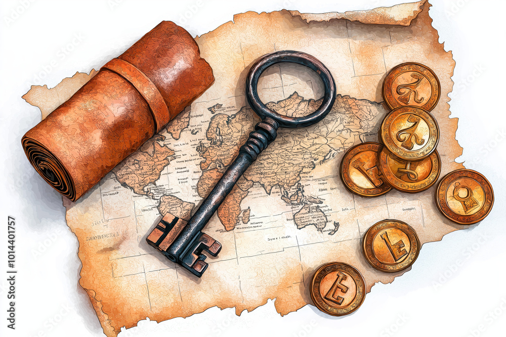 A vintage map with a key, treasure coins, and a scroll, symbolizing ...