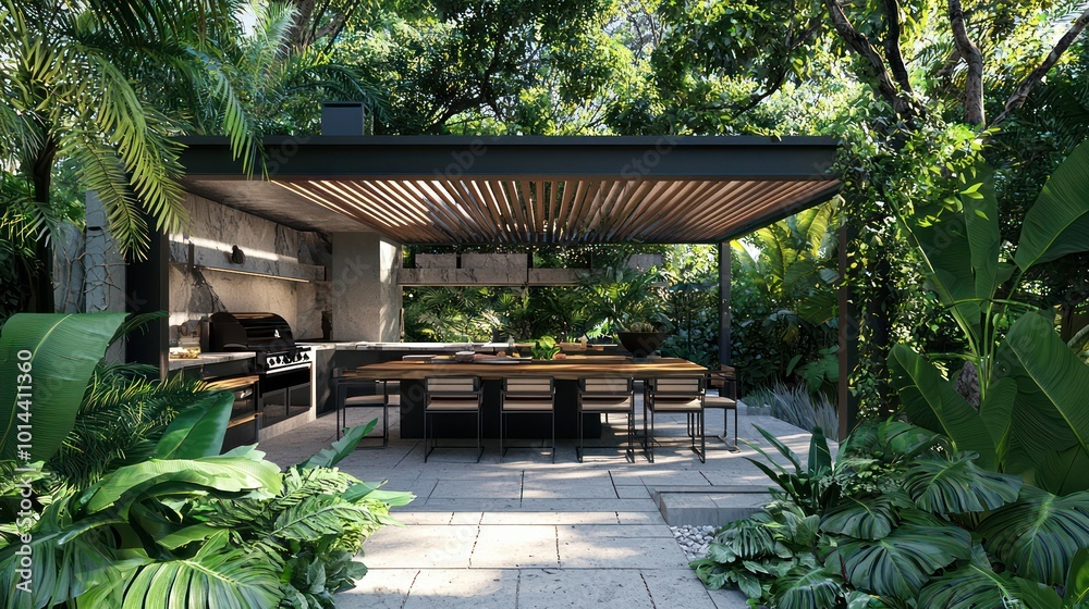 Lush green surrounds an alfresco dining area under a pergola in a ...