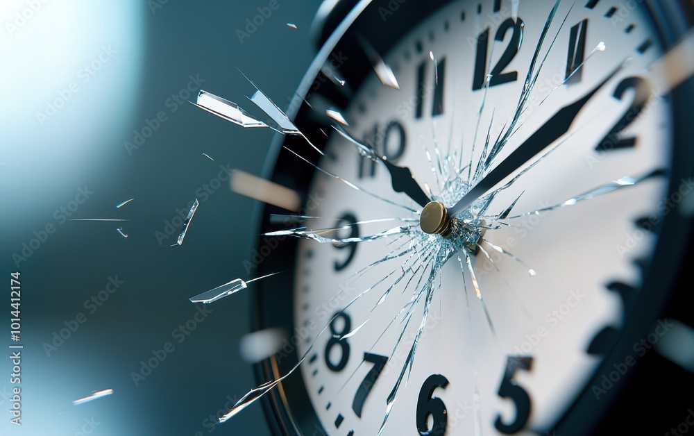 Broken clock face with glass shards, conveying the concept of lost time ...