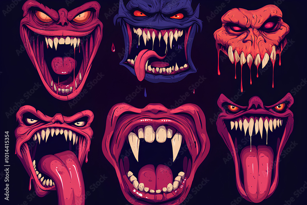Halloween monster mouths, teeth and tongues cartoon vector set. Scary ...