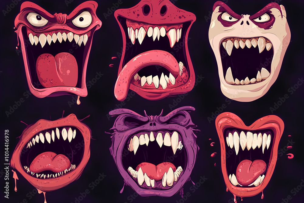 Halloween monster mouths, teeth and tongues cartoon vector set. Scary ...