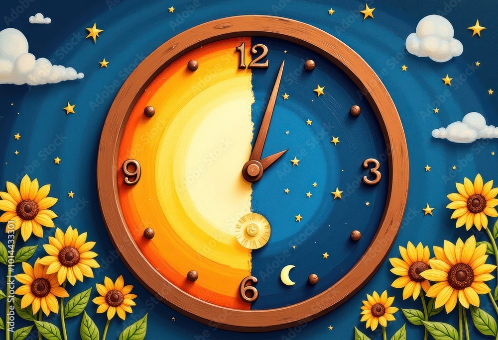 Artistic clock showing half day and half night with sunflowers on ...