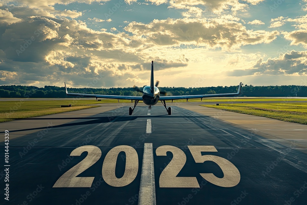 "2025" numbers on runway with take off airplane with generative ai 素材庫 ...