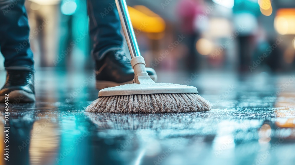 A dedicated worker pushes a mop across a busy mall floor, ensuring ...