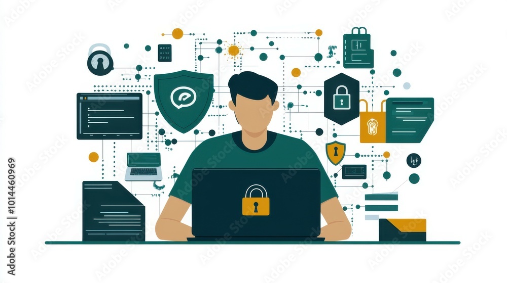 Illustration of a human figure using a laptop, with security shields ...