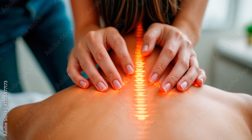 Innovative pain mapping technique on patient's spine, hands applying ...