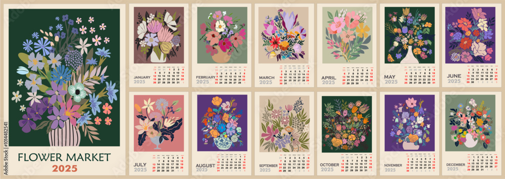 Floral calendar template for 2025 . Vertical design with Flower Market ...