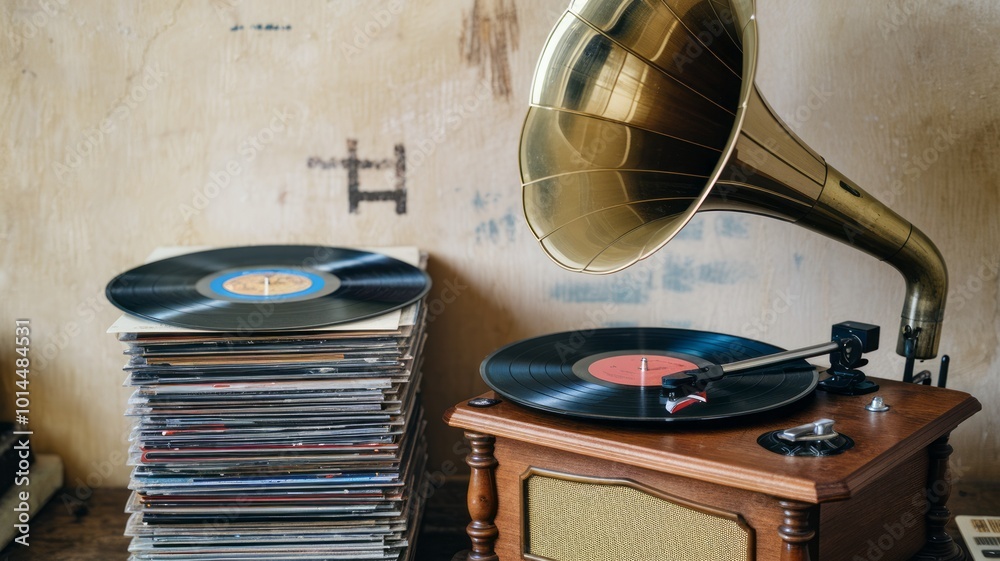 A vintage phonograph with a stack of vinyl records, perfect for a retro ...