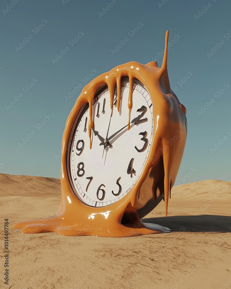 Melting clock in desert landscape, symbolizing distortion of time ...