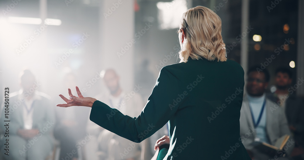 Back, woman and speaker with presentation for crowd speech, workshop ...