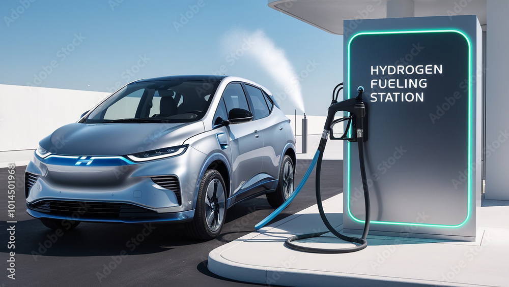 hydrogen fueled car. is refueling hydrogen at a hydrogen refueling ...